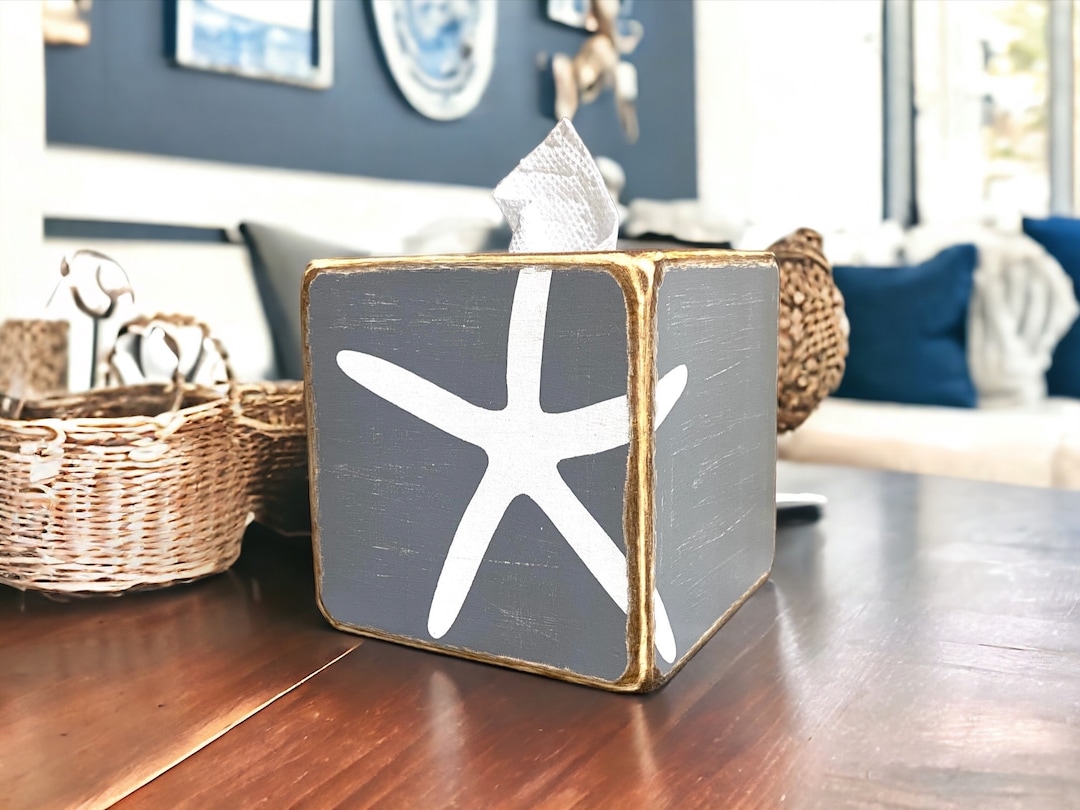 Coastal Wood Tissue Box Cover With Starfish - Etsy
