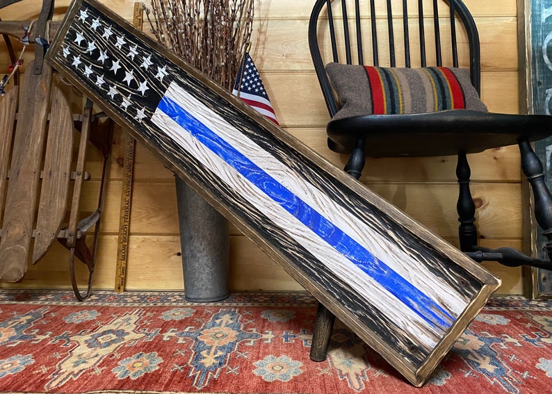 Rustic Thin Blue Line Wood Flag, Distressed Police Sign, Framed ...