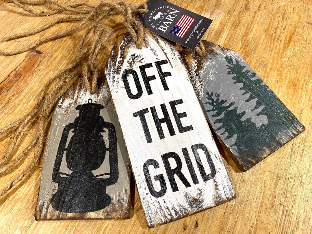Off the Grid Sign Rustic Camp Decor Hurricane Lantern Wood Door Tags ...