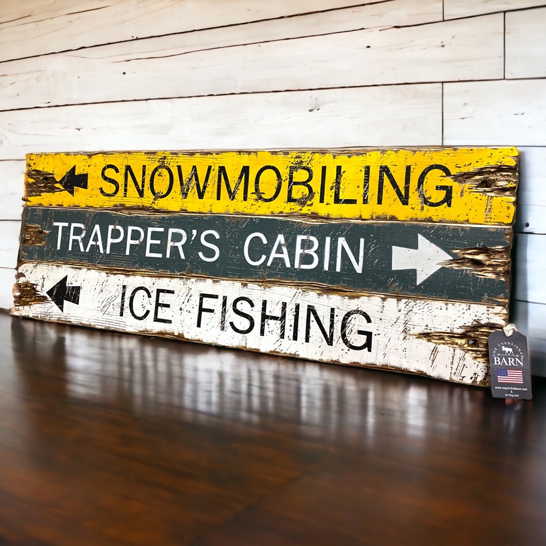 Rustic Ice Fishing Sign Set: Log Cabin Decor, Trapper's Cabin ...