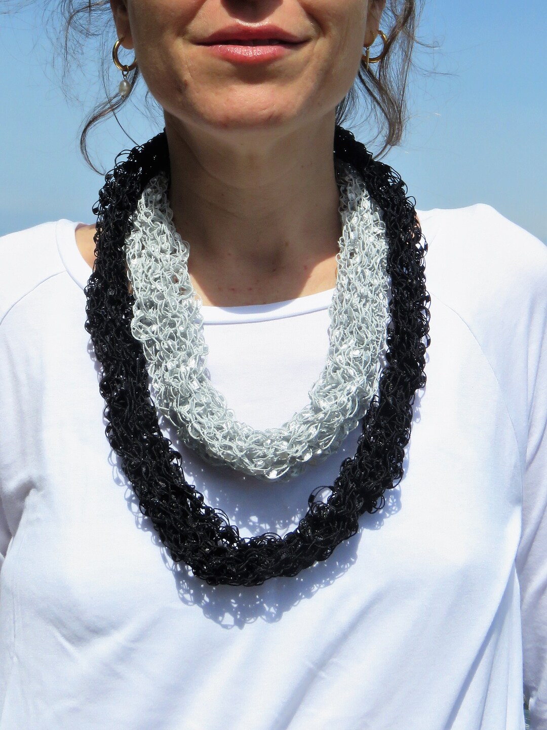 Hand Knitted Fiber Necklace Set: Black & Silver Bib Statement Necklaces ...