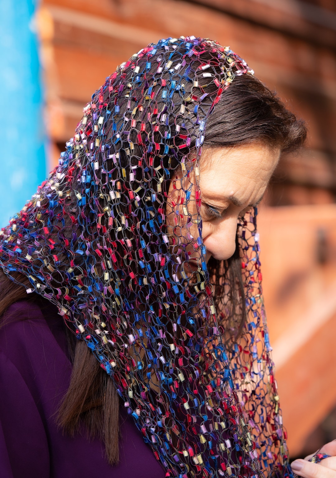 Hand Knitted Colorful Triangle Head Scarf: Ladder Yarn Hair Wrap - Etsy