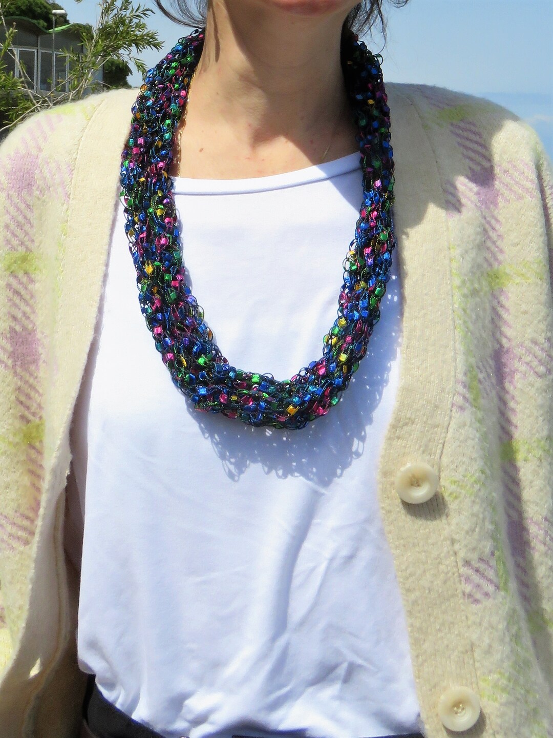 Hand Knitted Fiber Necklace: Colorful Circle Loop Statement Piece - Etsy