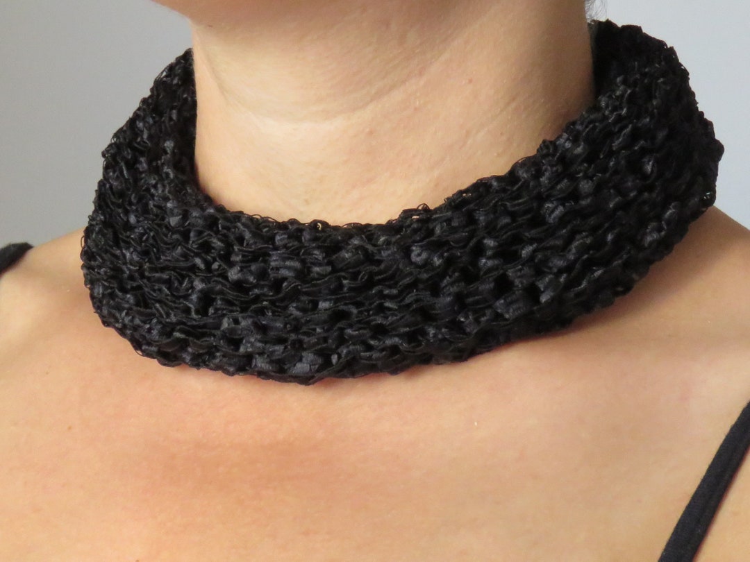 Black Hand Knitted Choker Fiber Collar Necklace Scarf, Gothic Black ...