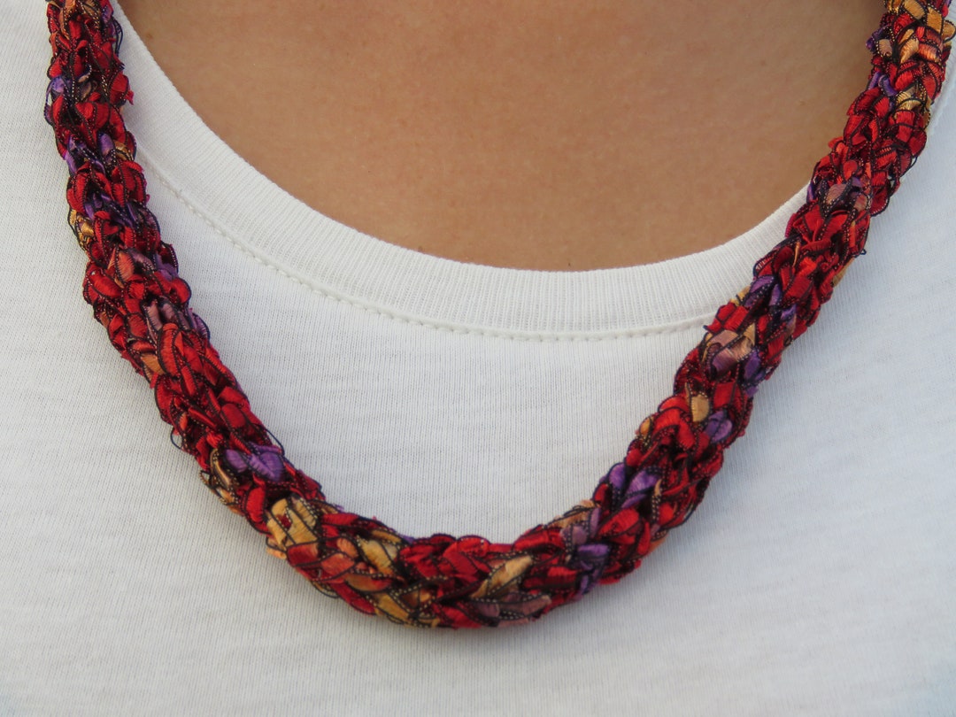 Red Hand Knitted Fiber Necklace, Red Textile Necklace, Colorful ...