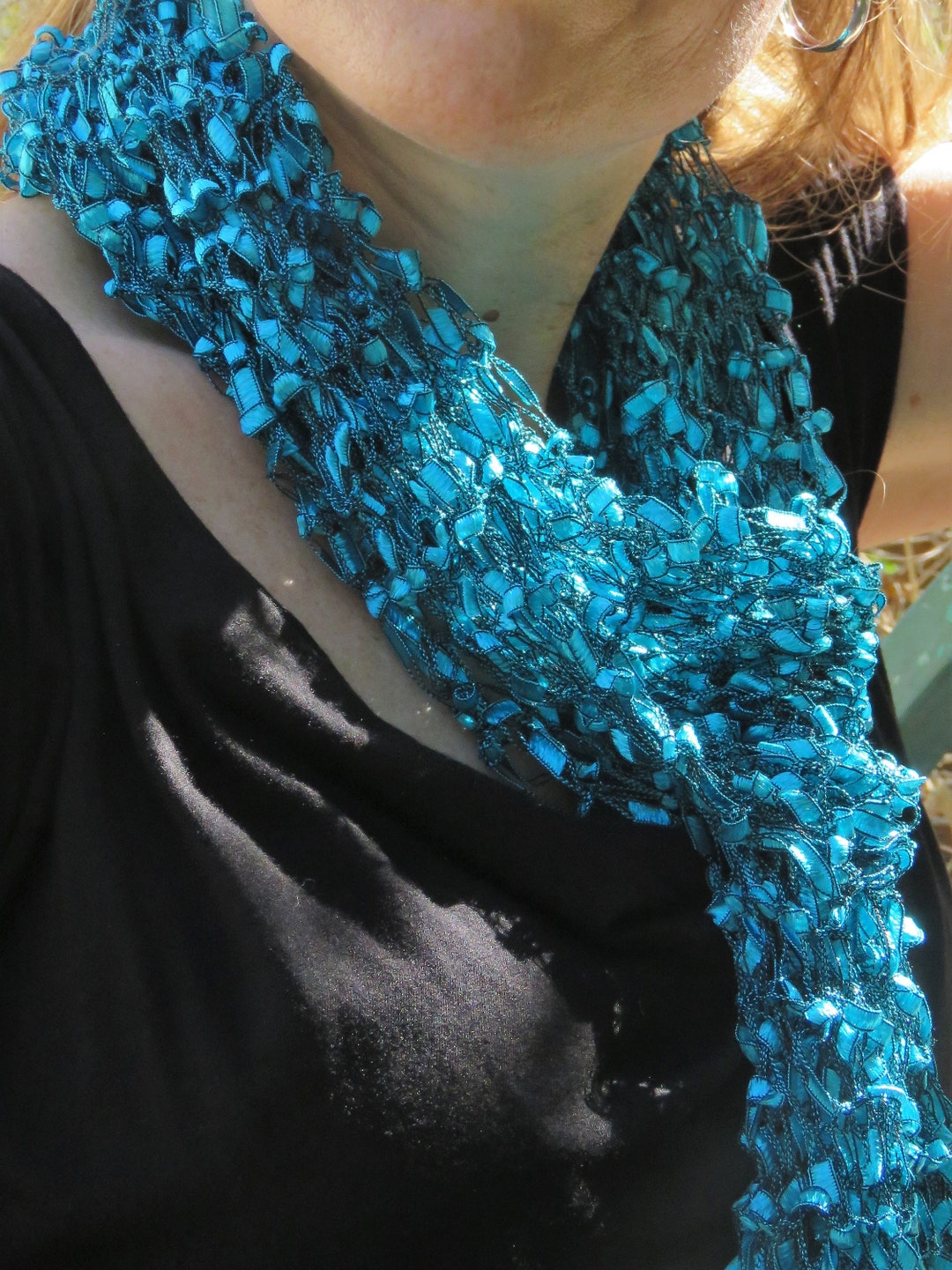 Long Skinny Hand Knitted Blue Ladder Yarn Neck Scarf - Etsy