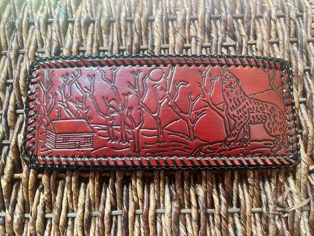 Handmade Leather Wallet Laced Edge Country Cabin and Wolf Scene Made in ...