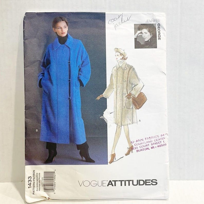 NEW Vogue Vintage 90s Sewing Pattern 1433 Jennifer George Misses Coat ...