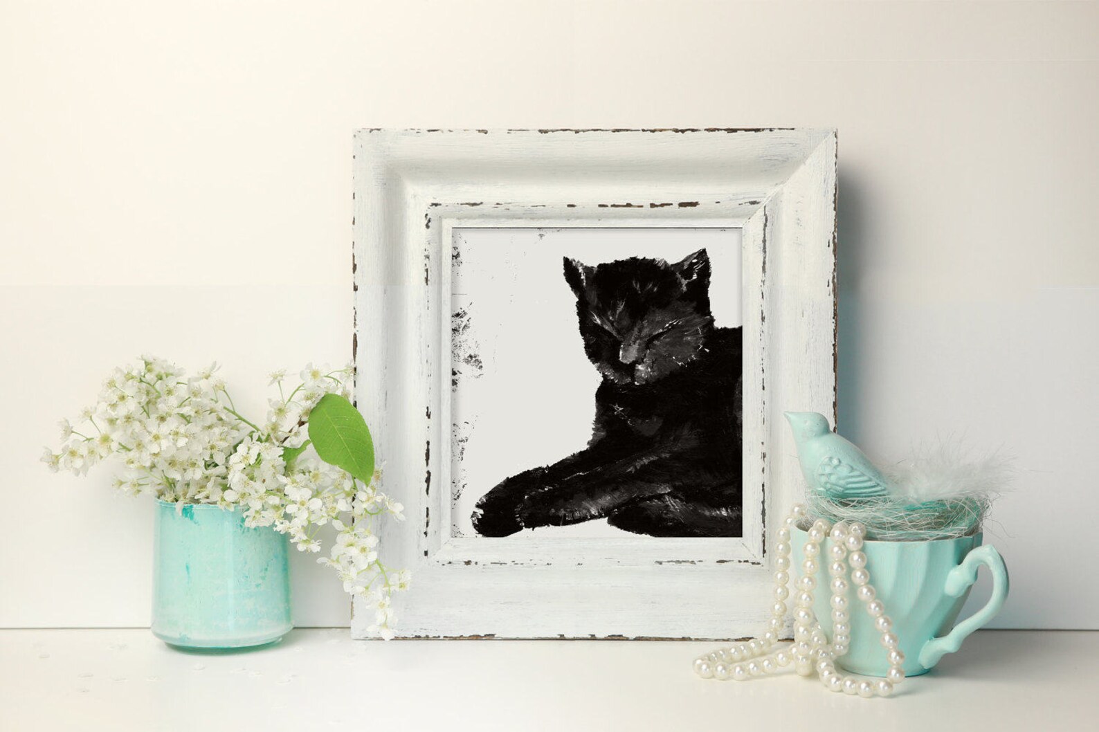 Cat Art Black and White Painting Digital Download Original | Etsy