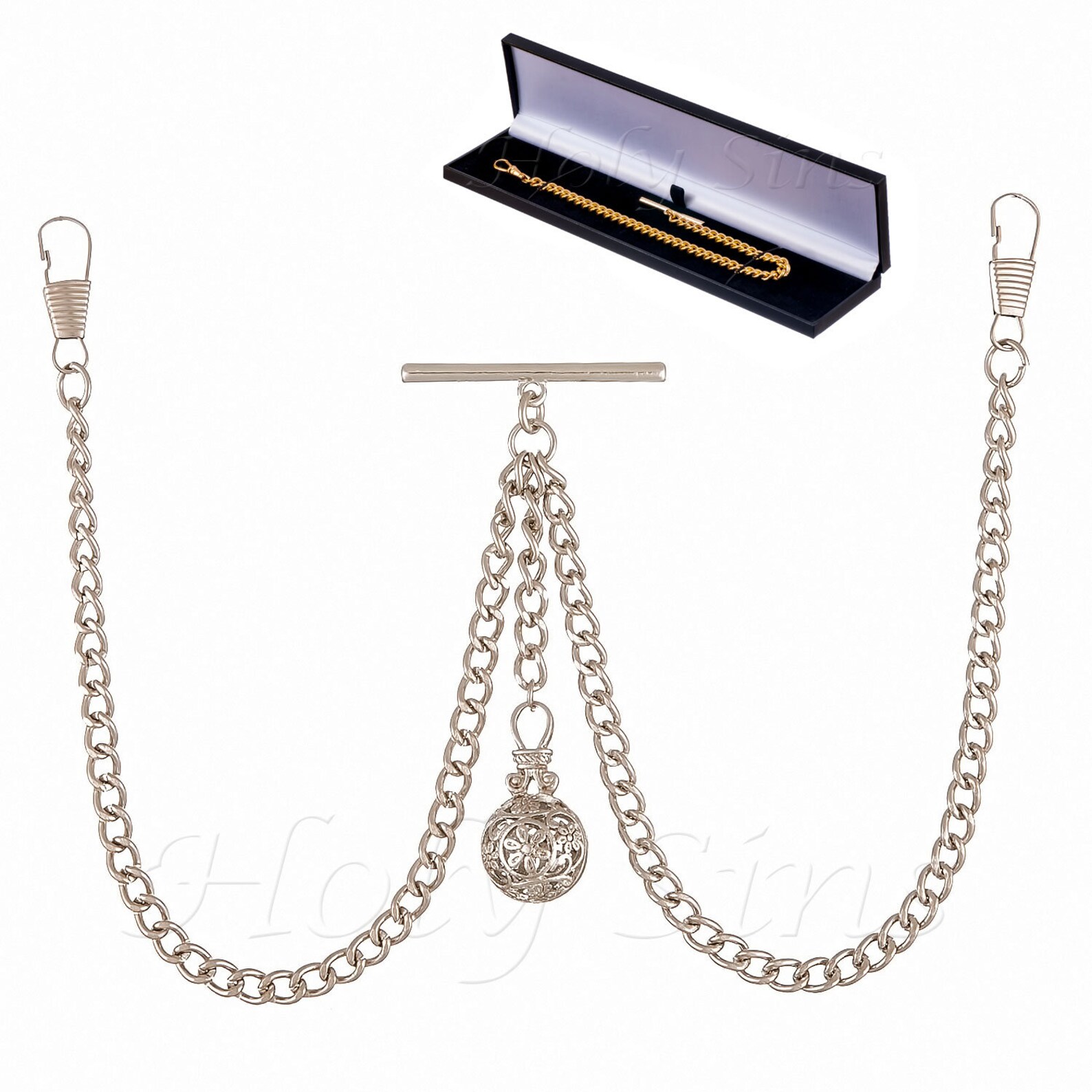 Double Albert Silver Colour Pocket Watch Fob Chain With | Etsy