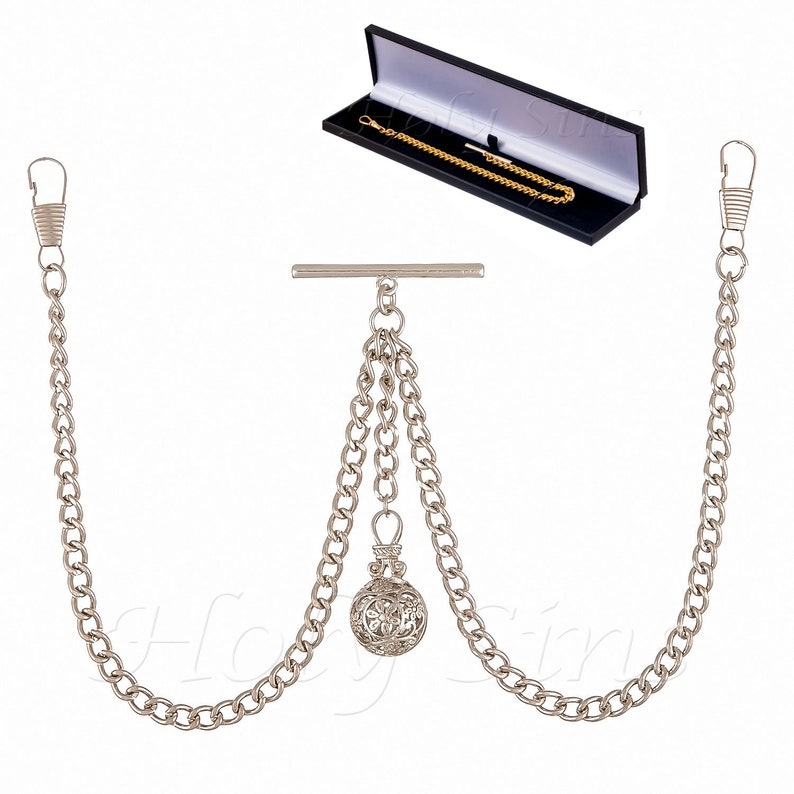 Double Albert Silver Colour Pocket Watch Fob Chain With | Etsy