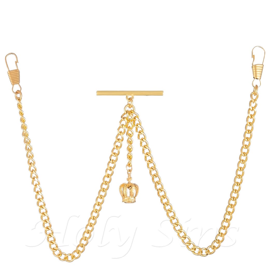 Double Albert Gold Colour Pocket Watch Fob Chain With Crown Pendant 036 ...