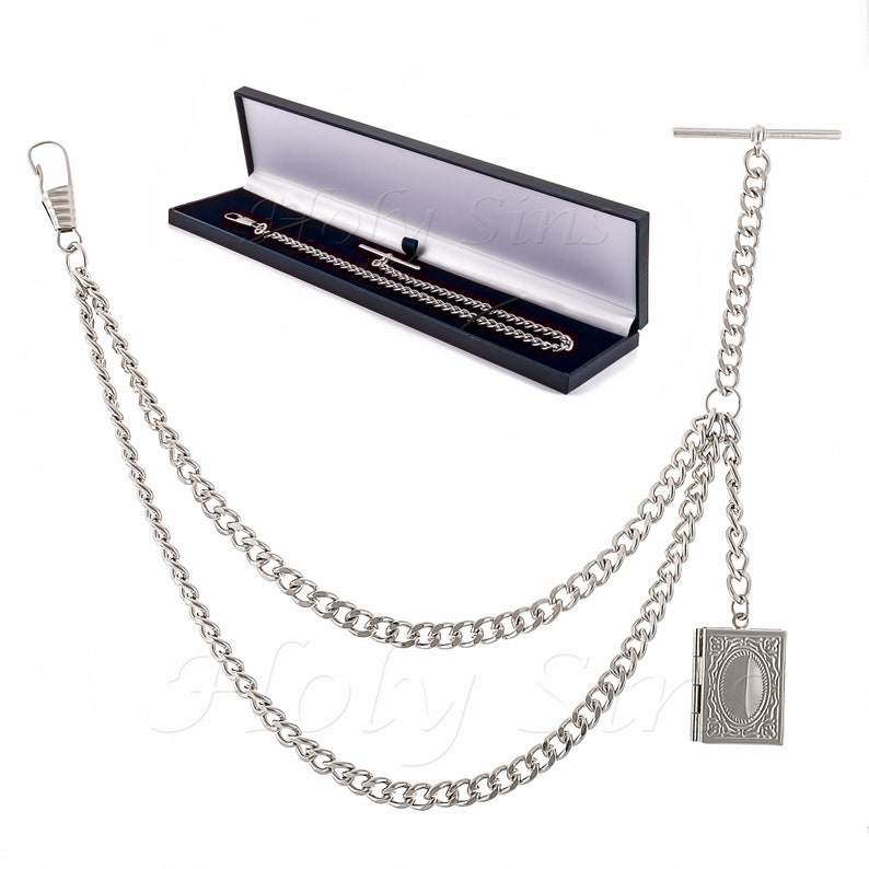 Brand New Silver Colour Single Albert Pocket Watch Chain With Locket ...