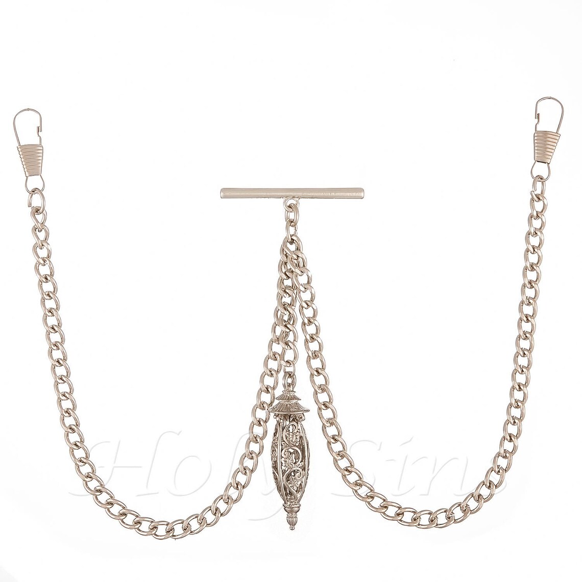 Double Albert Silver Colour Pocket Watch Fob Chain With Pendant 052 ...