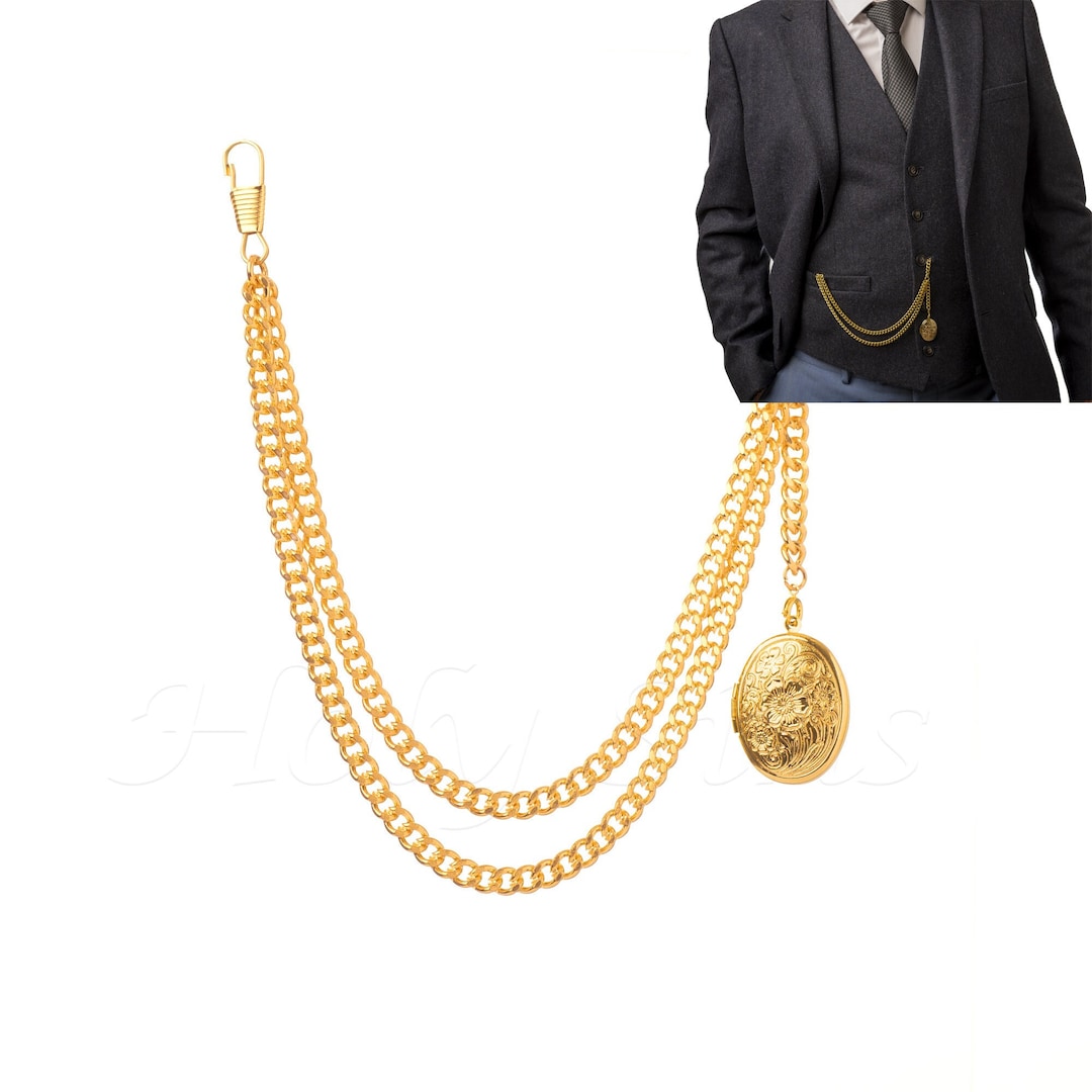 New Gold Colour Single Albert Pocket Watch Chain With Locket Pendant ...