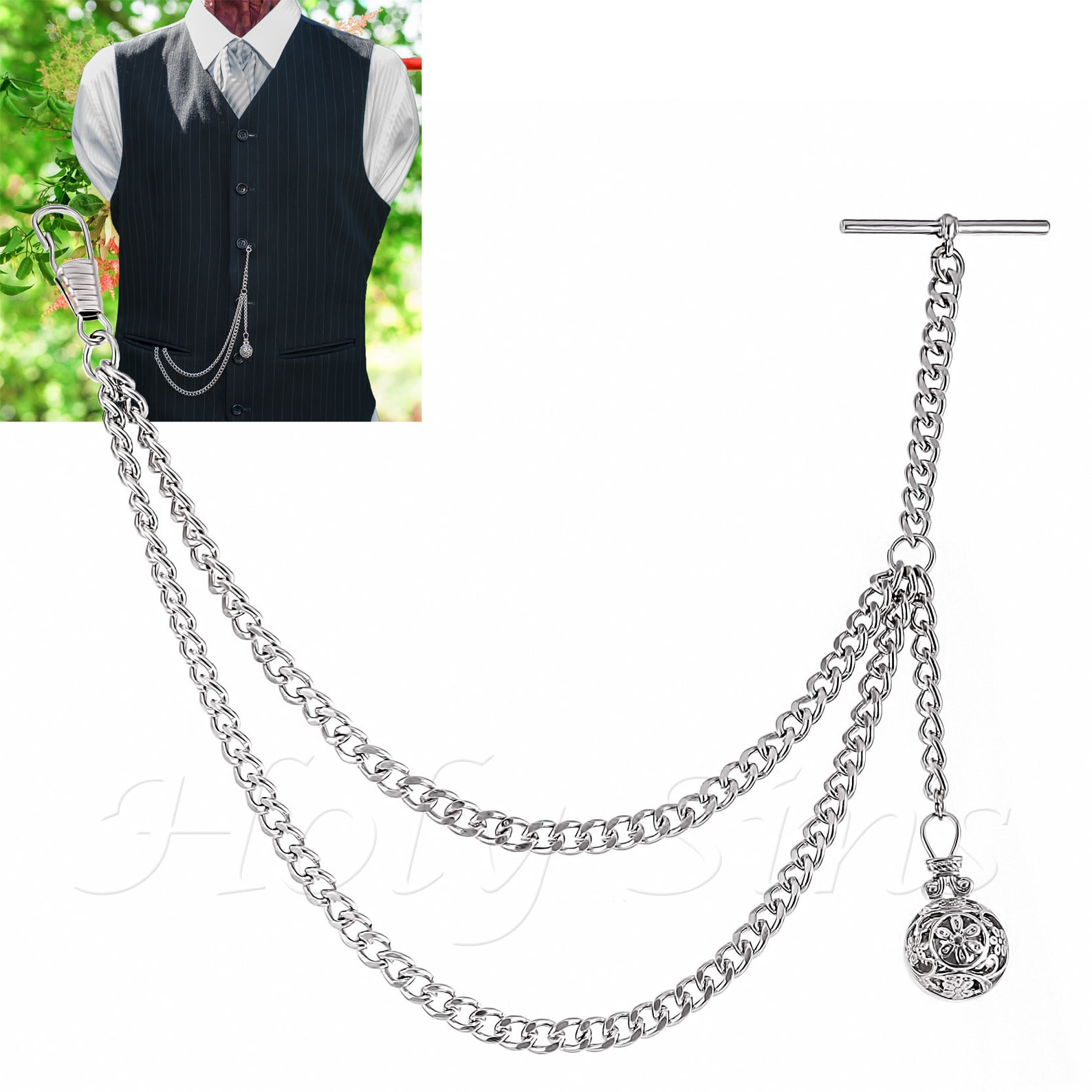 Brand New Silver Colour Single Albert Pocket Watch Chain With Pendant ...