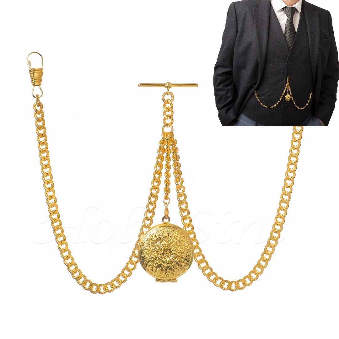 New Gold Colour Double Albert Pocket Watch Chain With Locket Pendant ...