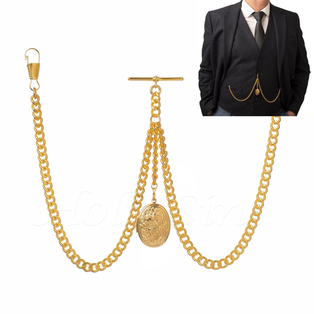 New Gold Colour Double Albert Pocket Watch Chain With Locket Pendant ...