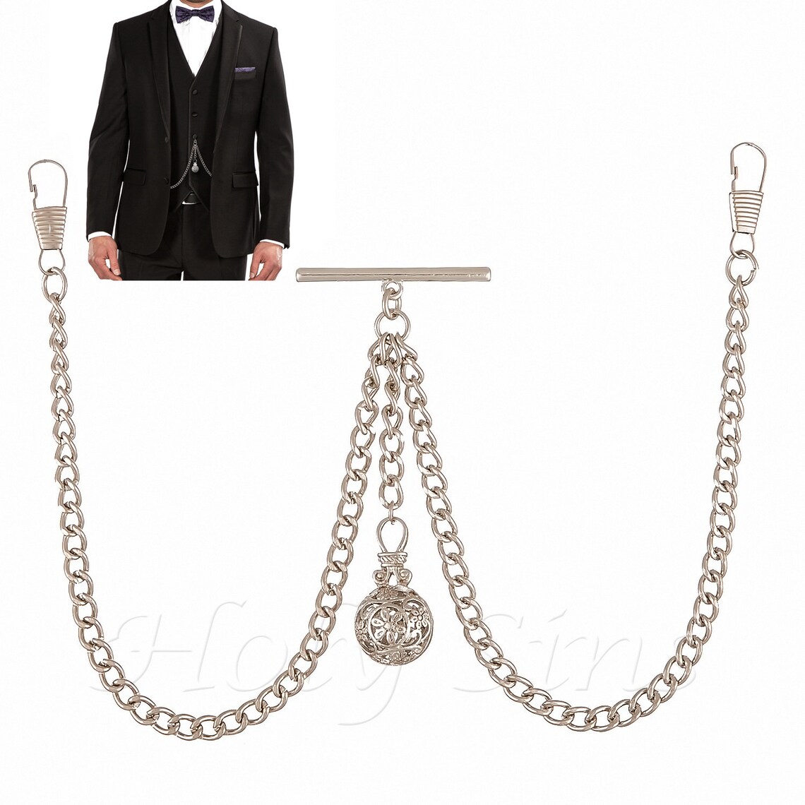 Double Albert Silver Colour Pocket Watch Fob Chain With | Etsy