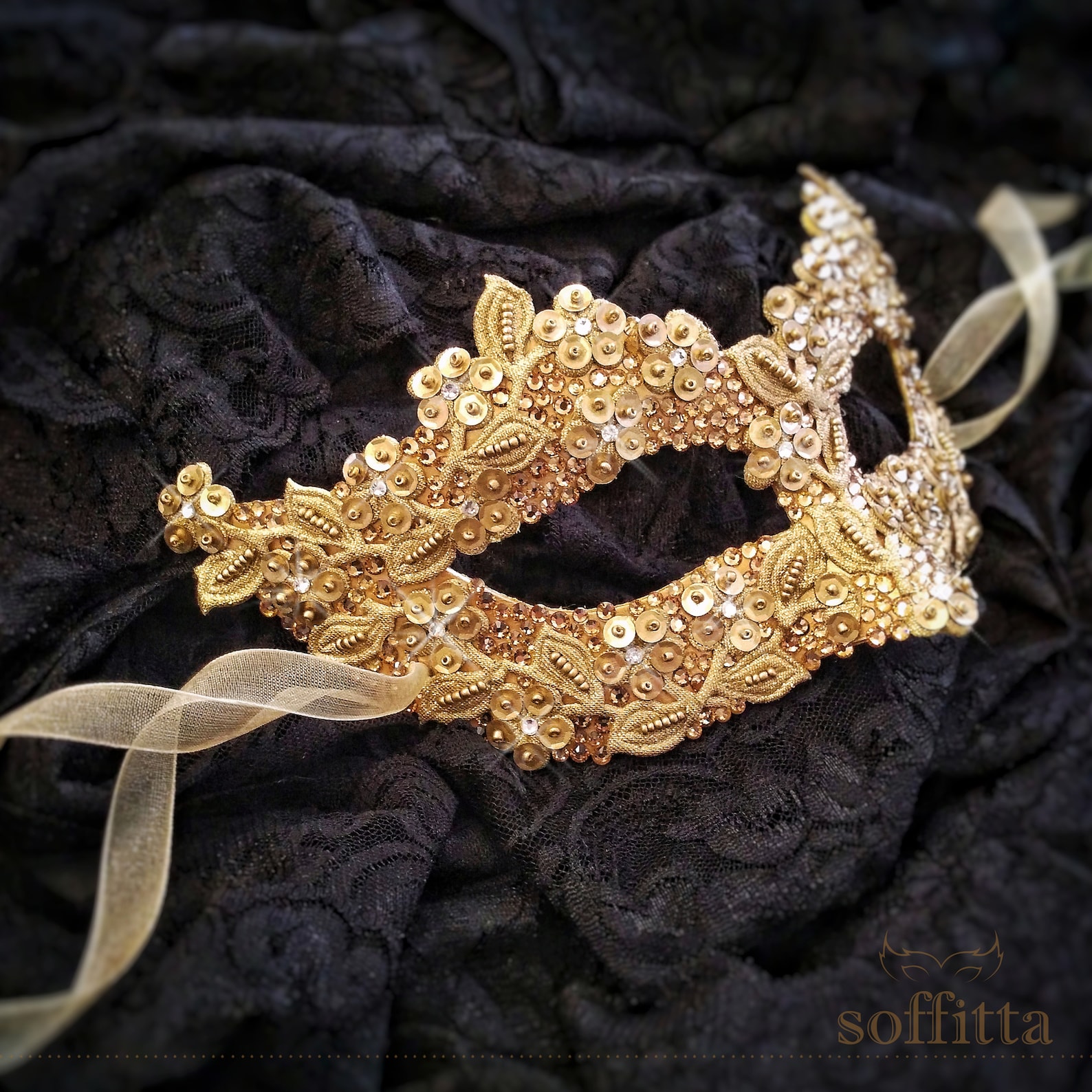 Sequined Gold Masquerade Mask With Rhinestones and Embroidery - Etsy