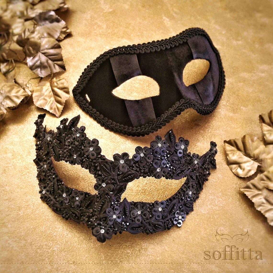 Black Beaded and Velvet Couples Masquerade Mask - Embellished ...