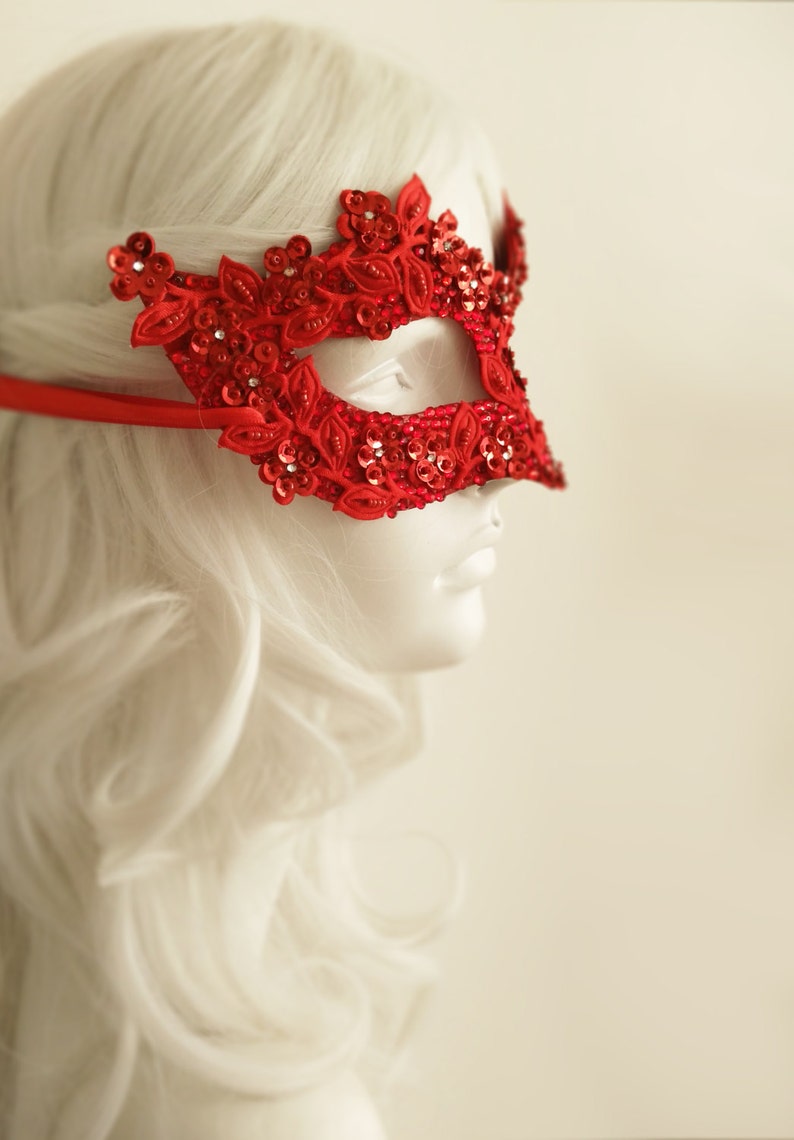 Sequined Red Masquerade Mask With Rhinestones and Embroidery - Etsy ...