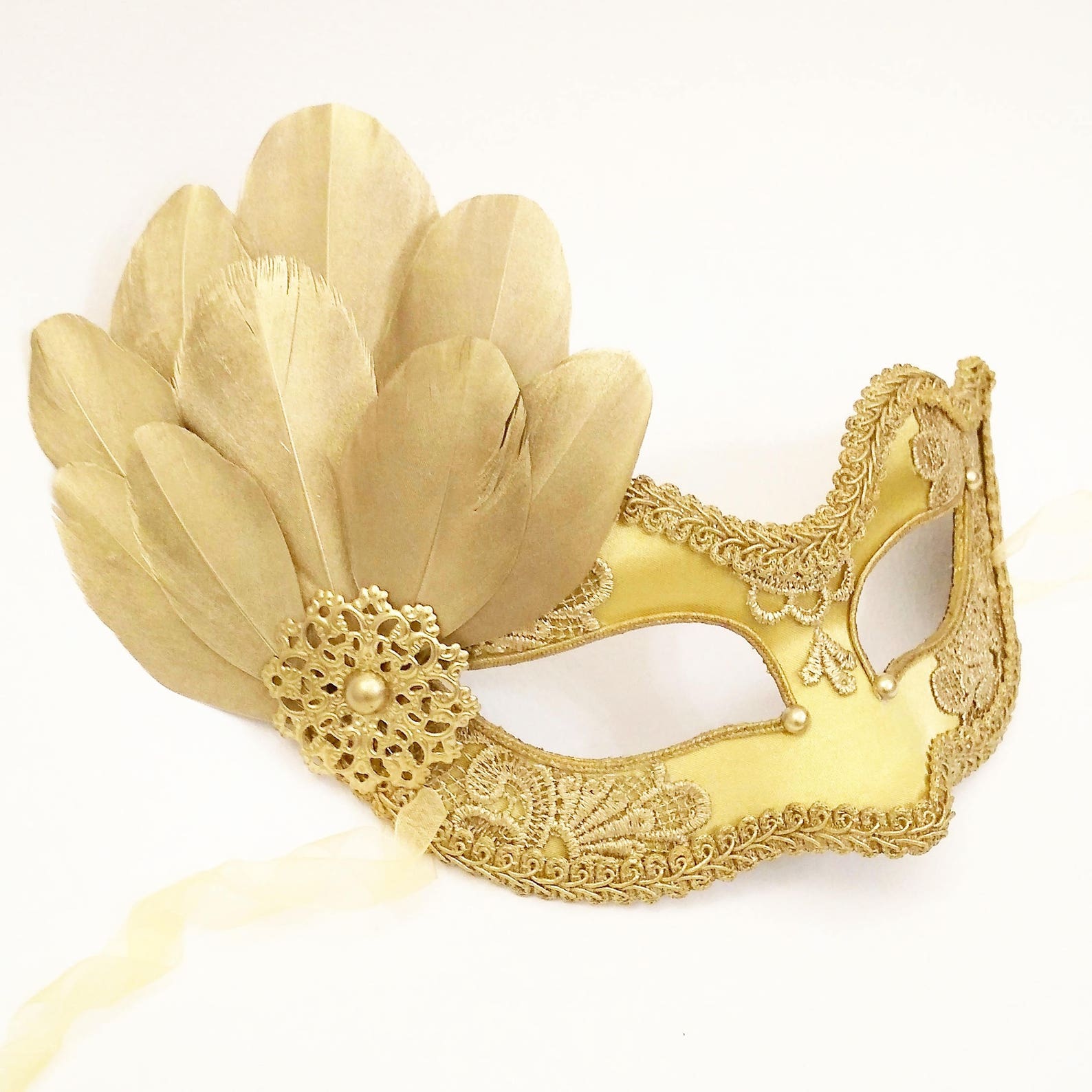 Gold Embroidery Masquerade Mask With Gold Feathers Venetian - Etsy