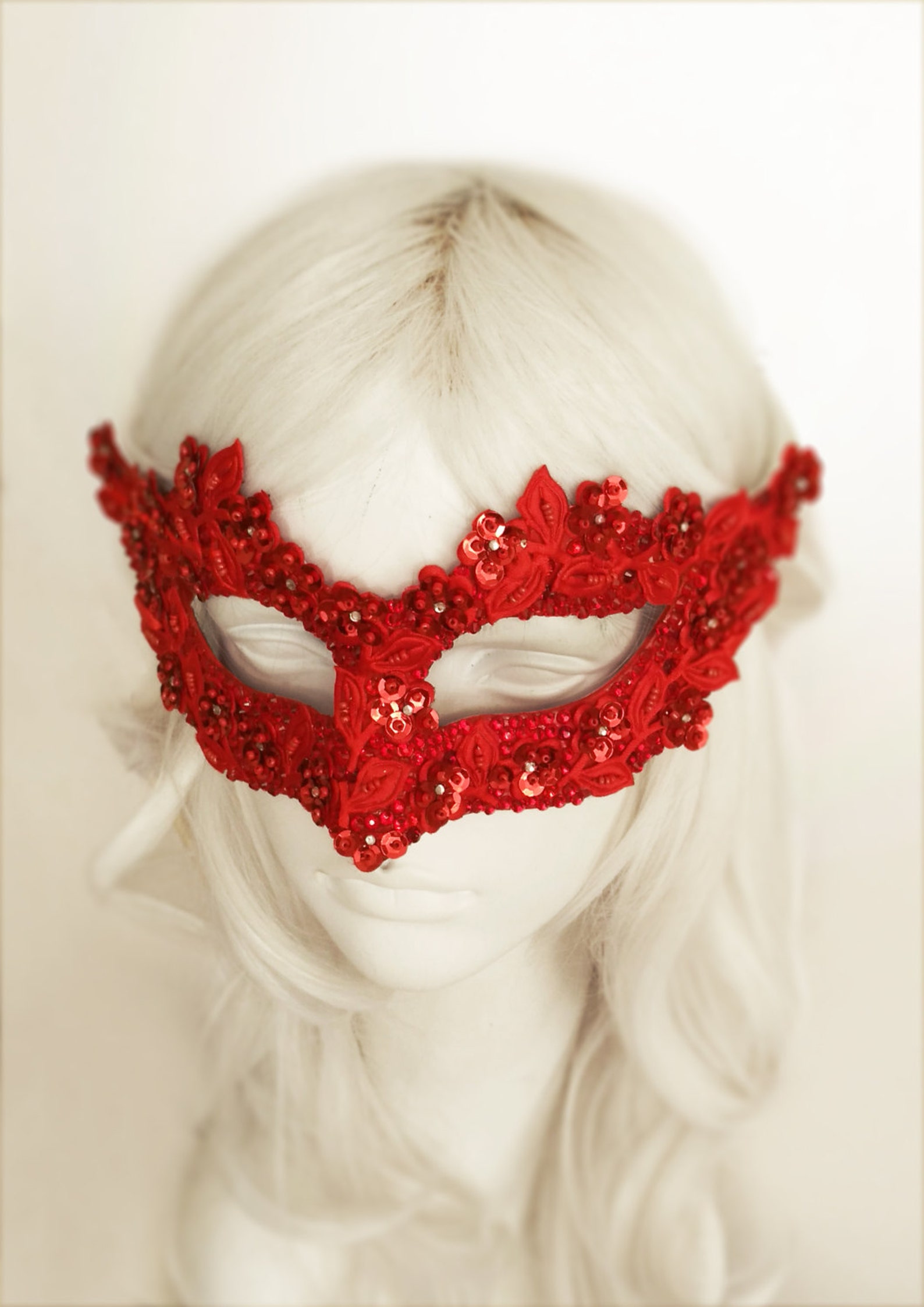 Sequined Red Masquerade Mask With Rhinestones and Embroidery ...