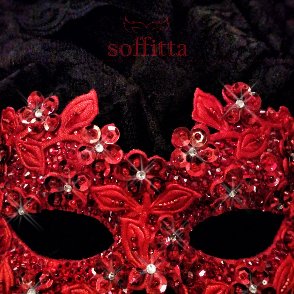 Sequined Red Masquerade Mask With Rhinestones and Embroidery ...