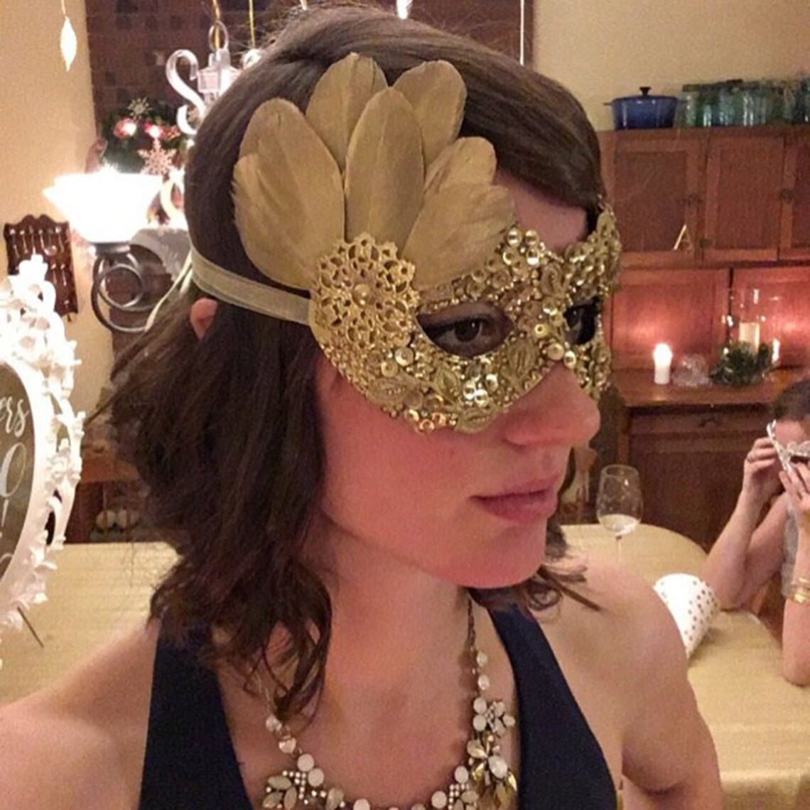 Sequined Gold Masquerade Mask With Rhinestones & Feathers - Embellished ...