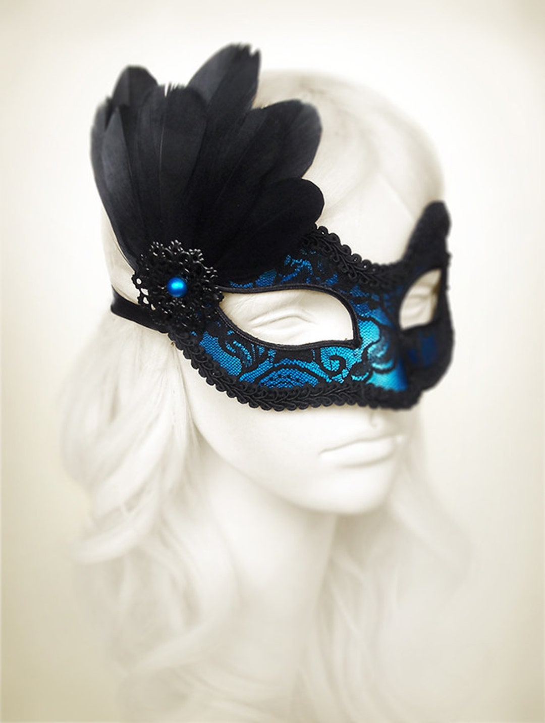 Blue and Black Lace Masquerade Mask - Blue Venetian Mask With Black ...