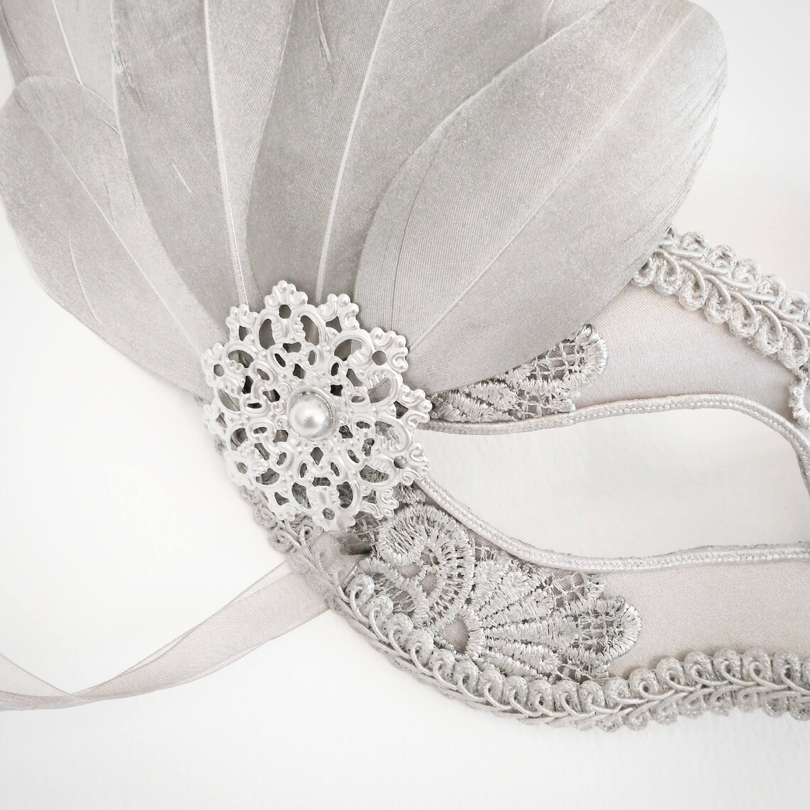 Silver Embroidery Masquerade Mask With Silver Feathers - Etsy