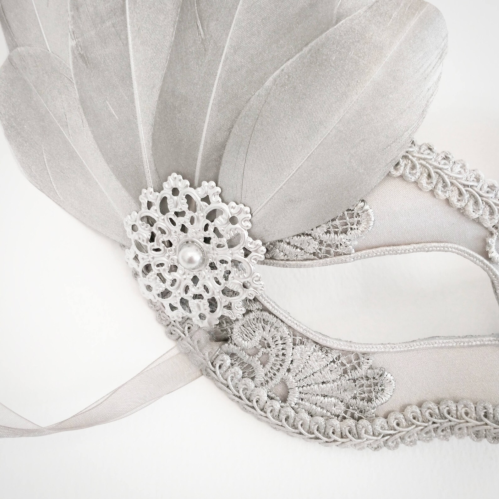 Silver Embroidery Masquerade Mask With Silver Feathers - Etsy