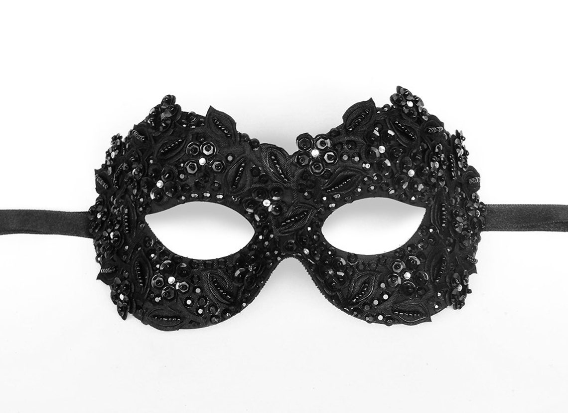 Sequined Black Masquerade Mask With Rhinestones and Embroidery ...