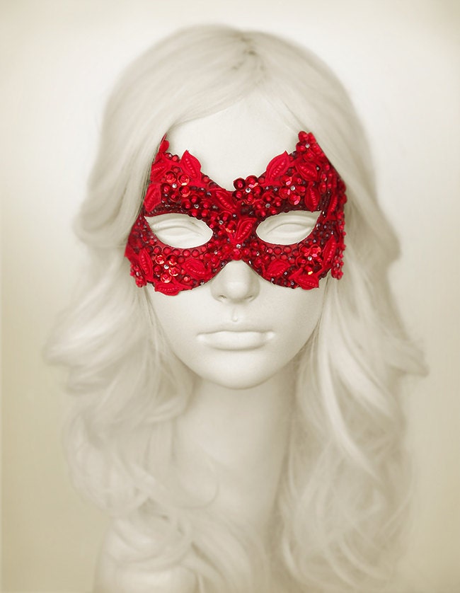 Sequined Red Masquerade Mask With Rhinestones and Embroidery ...