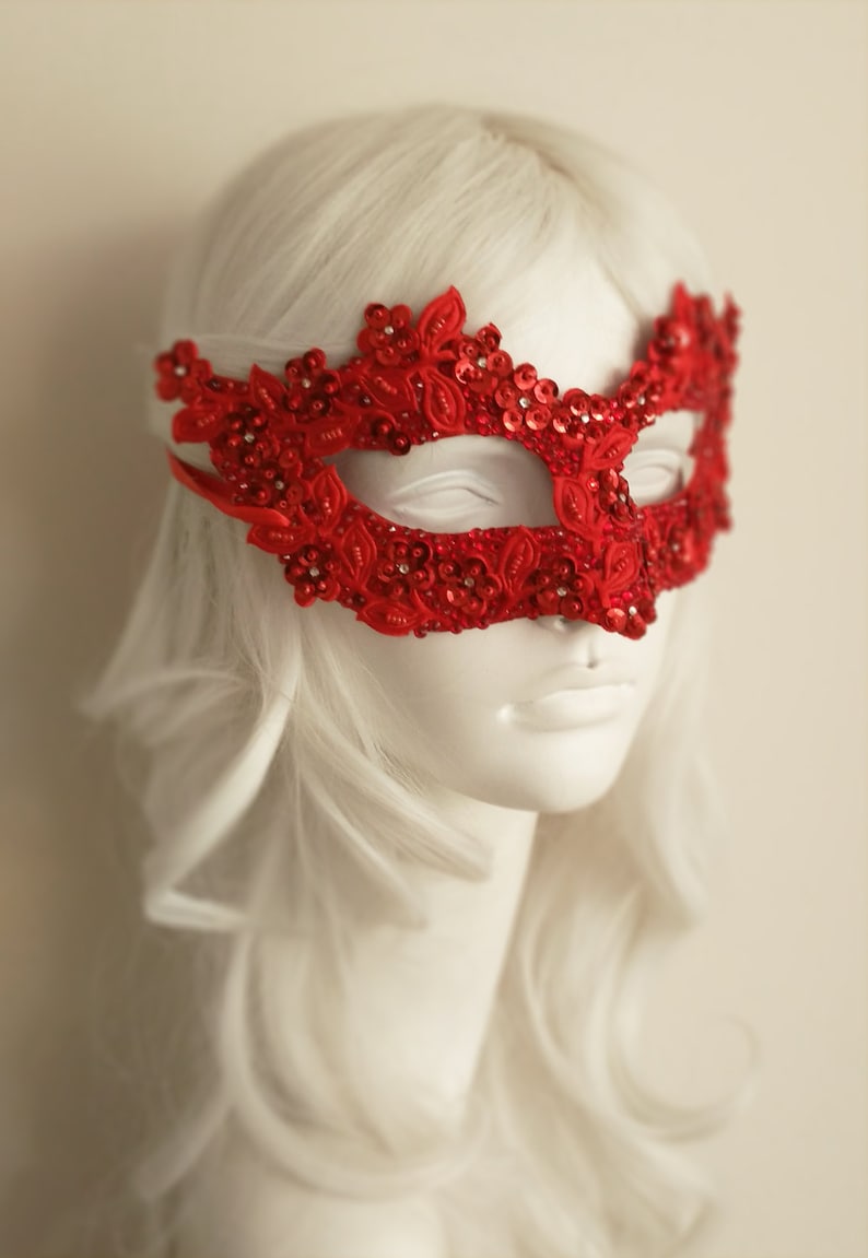 Sequined Red Masquerade Mask With Rhinestones and Embroidery - Etsy ...