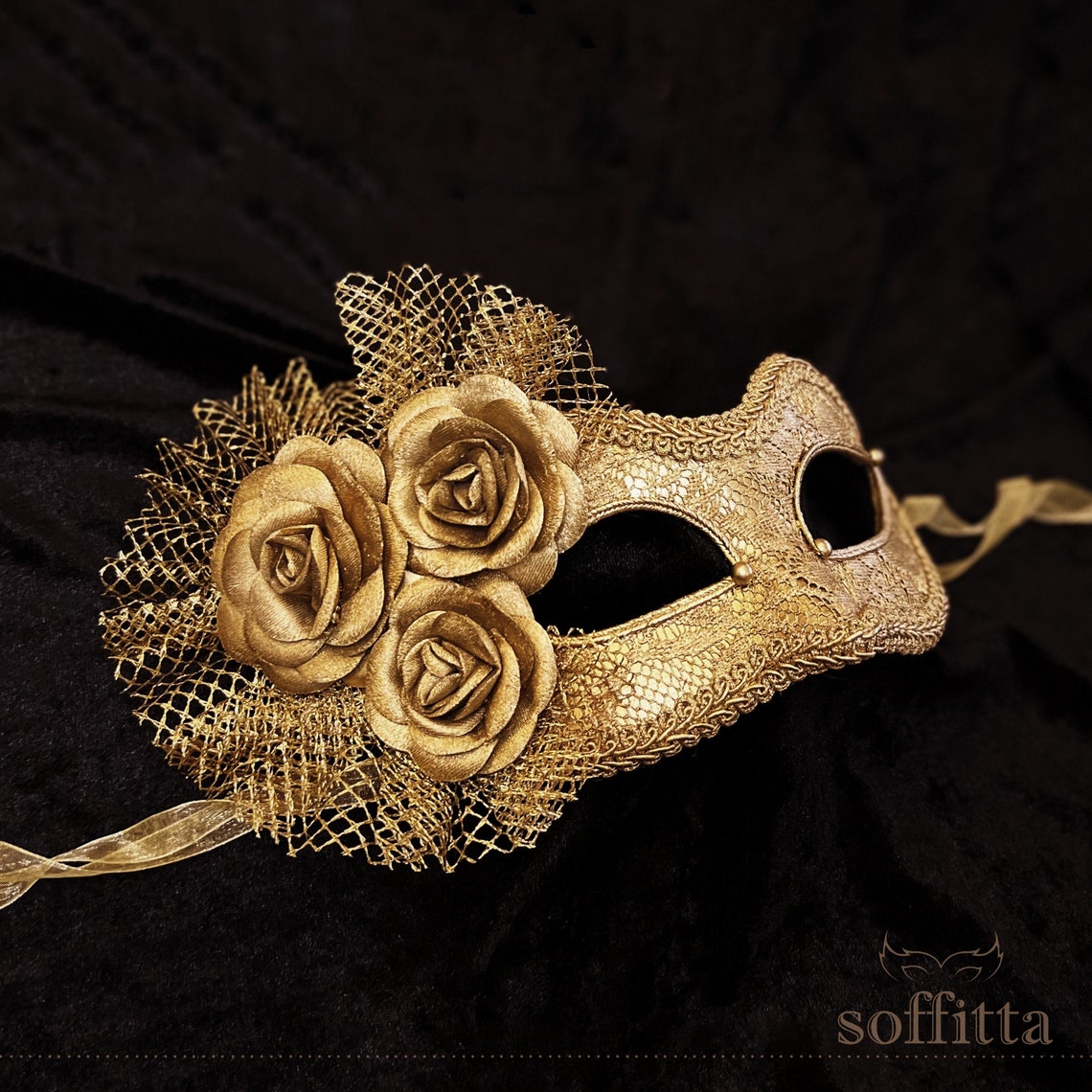 Metallic Gold Masquerade Mask With Fabric Roses Lace Covered - Etsy