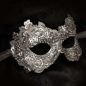Sequined Silver Masquerade Mask With Rhinestones and Embroidery ...