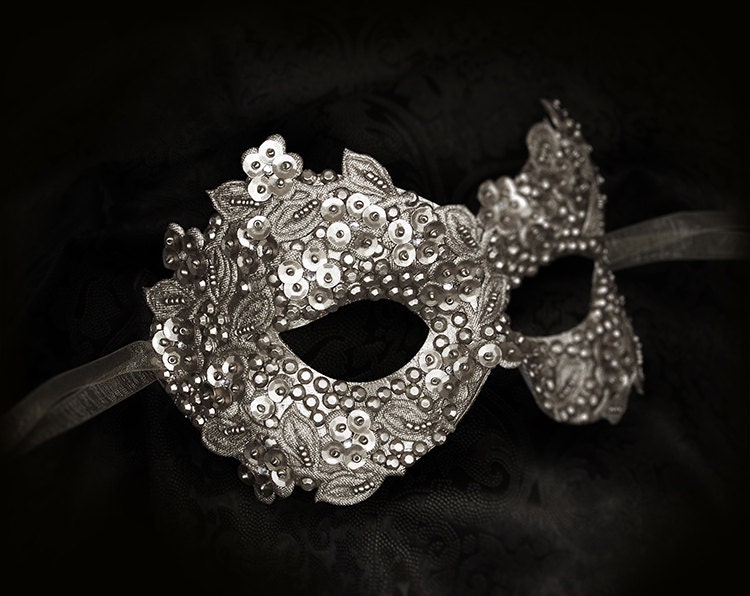 Sequined Silver Masquerade Mask With Rhinestones and Embroidery ...