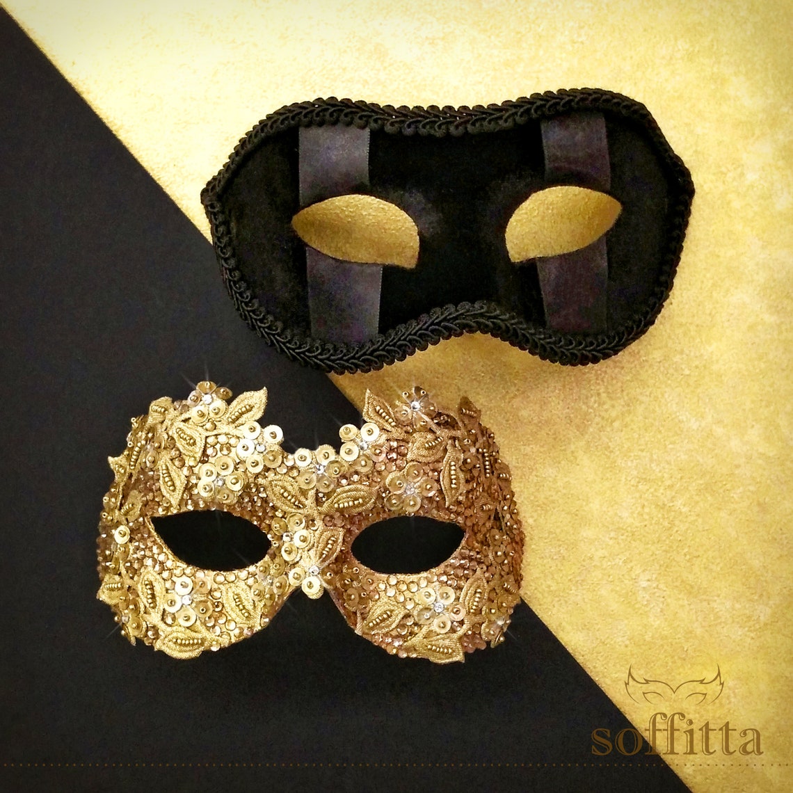 Gold and Black Couples Masquerade Mask - Embellished Masquerade Ball ...