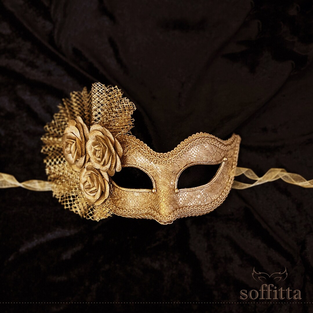 Metallic Gold Masquerade Mask With Fabric Roses - Lace Covered Venetian ...