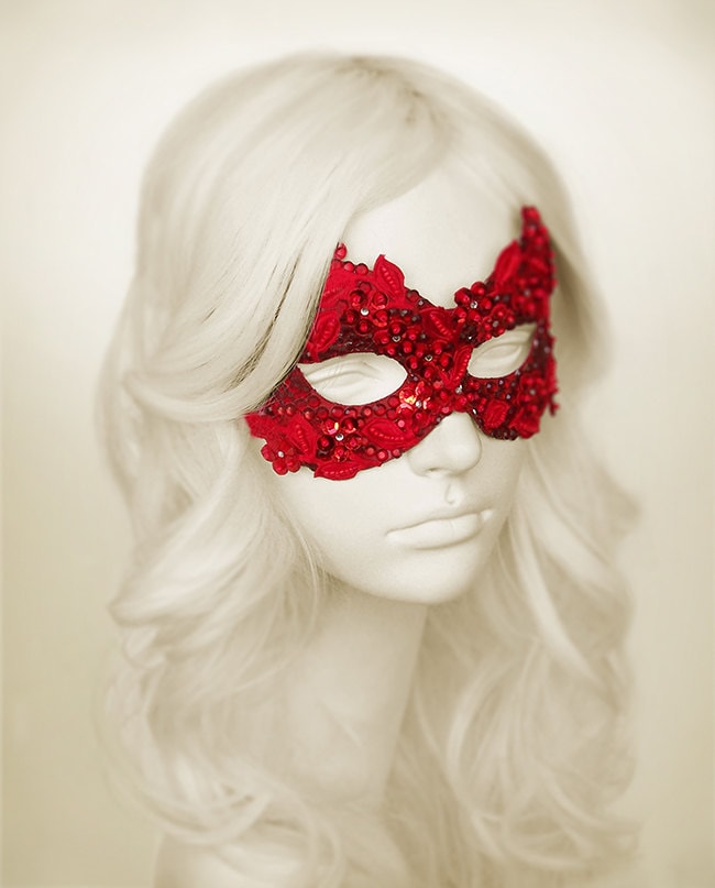Sequined Red Masquerade Mask With Rhinestones and Embroidery ...
