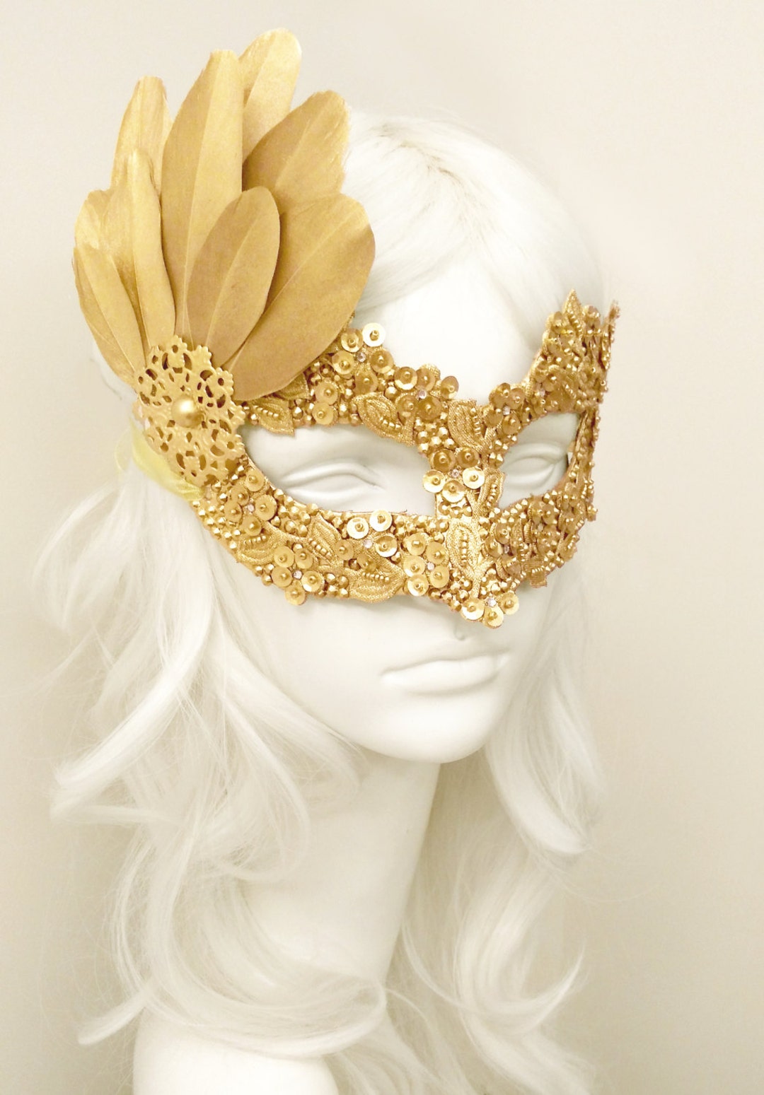 Sequined Gold Masquerade Mask With Rhinestones and Feathers - Venetian ...