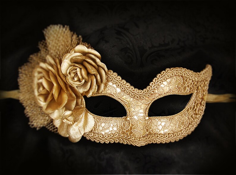 Metallic Gold Masquerade Mask With Fabric Roses Lace | Etsy