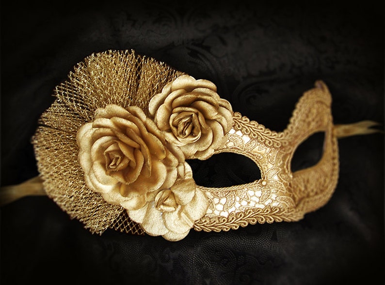 Metallic Gold Masquerade Mask With Fabric Roses Lace | Etsy