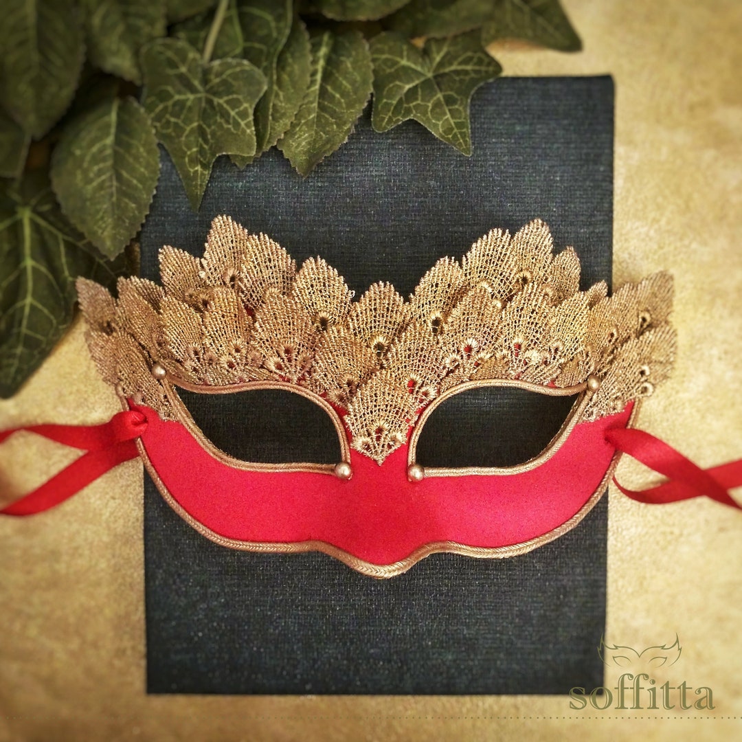 Red & Gold Lace Masquerade Mask - Venetian Style Halloween Mask With ...