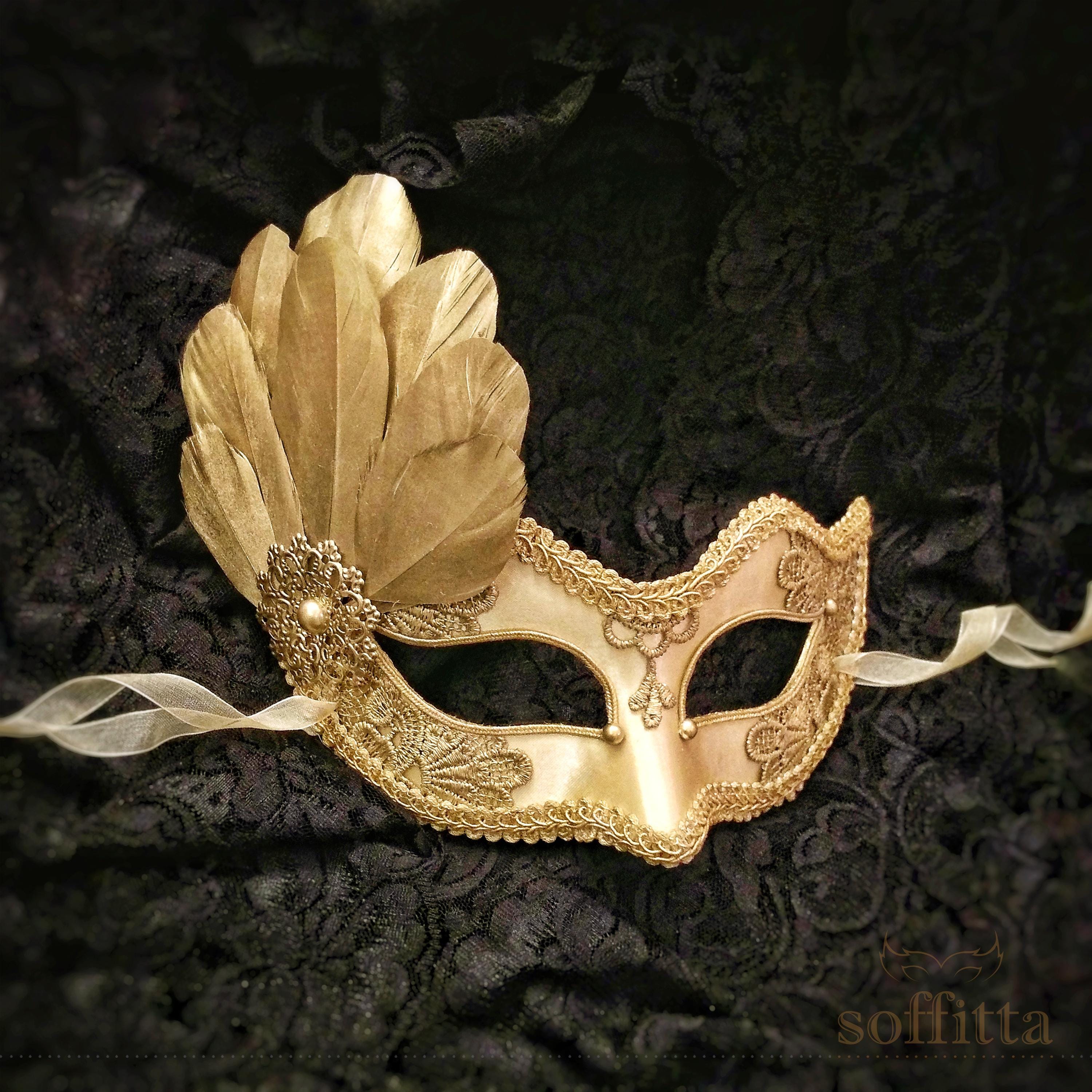 Black & Gold Couple's Masquerade Mask With Feathers - Masquerade Ball ...
