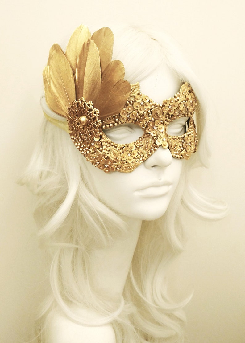 Sequined Gold Masquerade Mask With Rhinestones & Feathers - Embellished ...