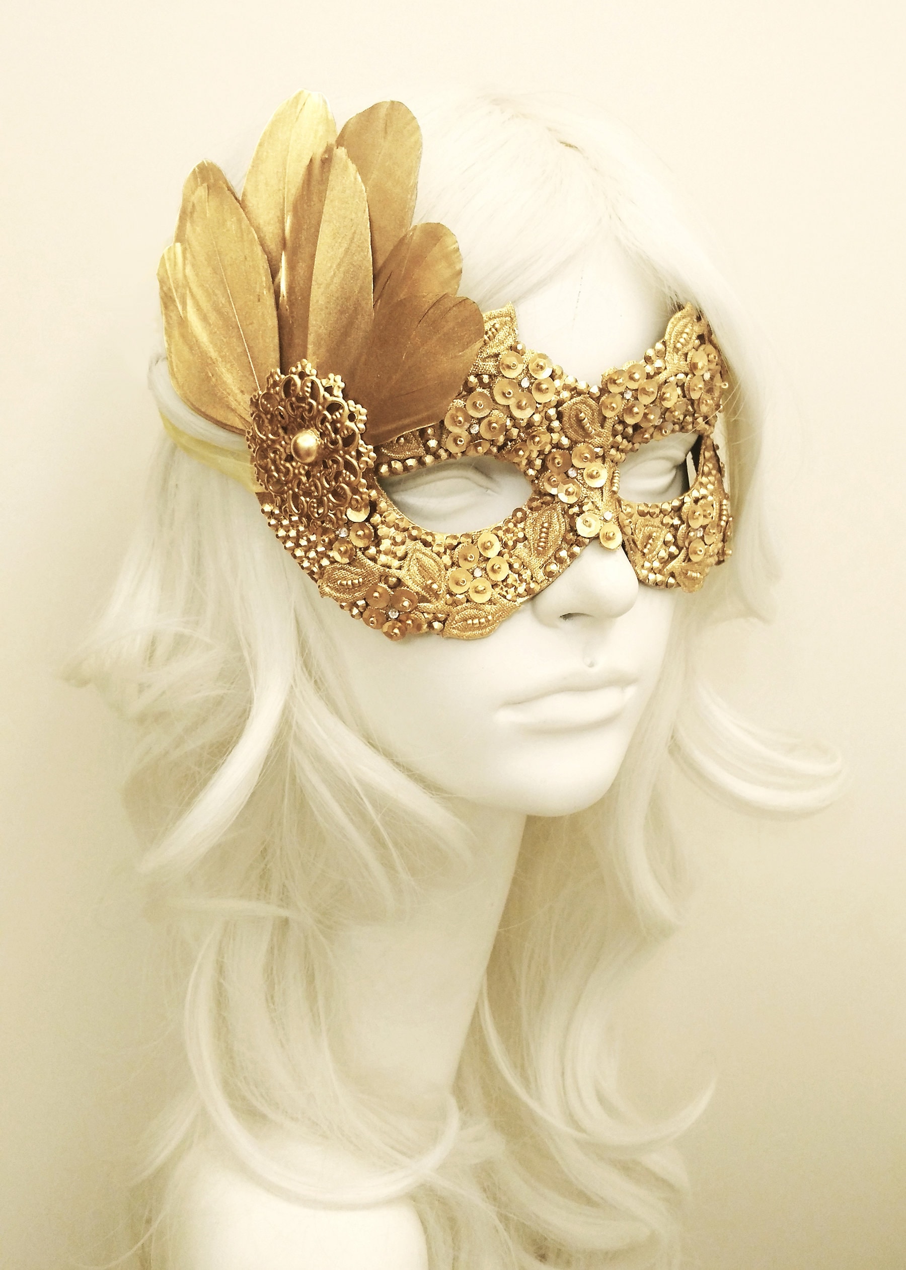 Sequined Gold Masquerade Mask With Rhinestones & Feathers - Embellished ...