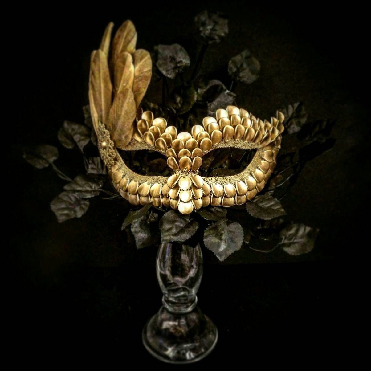 Gold Masquerade Mask With Dragon Scales & Feathers Metallic | Etsy